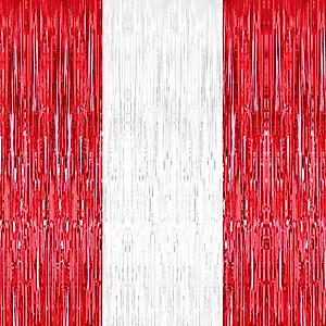 KatchOn, White and Red Streamers - 8x3.25 Feet, Pack of 3 | Red and White Fringe Curtain for Valentines Day Decorations | Red Fringe Backdrop for Valentines Party Decorations | Valentines Day Backdrop