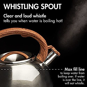 Primula Avalon Whistling Stovetop Tea Kettle, Food Grade Stainless Steel Wide Mouth, Fast to Boil, Cool Touch Handle, 2.5-Quart, Gunmetal Grey and Wood-Look