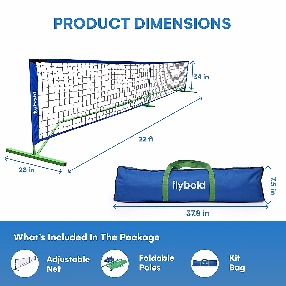 flybold Pickleball Nets | Portable Net Regulation Size Equipment Lightweight Sturdy Interlocking Metal Posts with Carrying Bag for Indoor Outdoor Pickle Ball Game Court | Full Court Size- 22ft