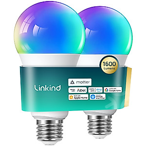 Linkind Matter Smart Light Bulb,1600LM 100W Smart Bulbs Work with Alexa/Apple Home/Google Home/SmartThings, RGBTW LED Color Changing Bulbs Music Sync, 2.4GHz Wi-Fi Light Bulbs LED 11W, A21 E26, 2Pack