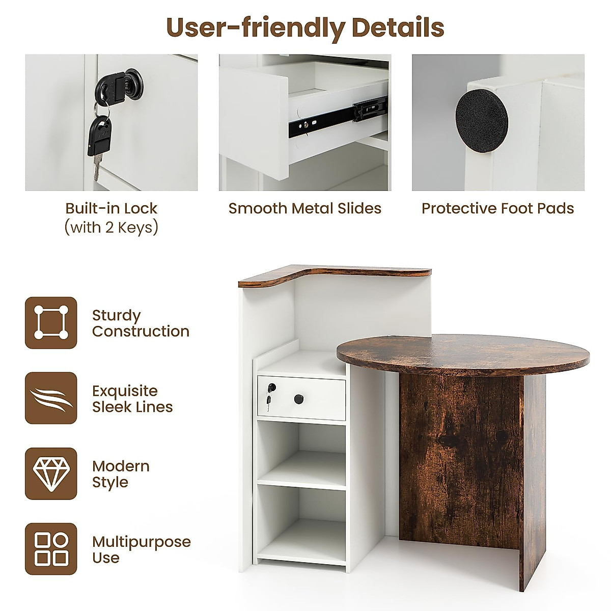 Giantex Reception Desk, Front Counter Desk with Lockable Drawer, Checkout Table with Round Tabletop, Corner Shelf & Adjustable Shelf for Office Beauty Salon Retail Store (Brown & White)