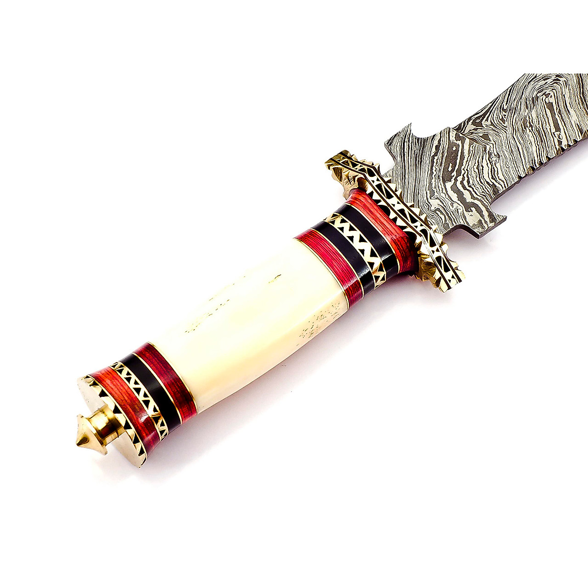 Skokie Knives Custom Damascus Steel Hunting Knife Camel Bone Handle with Brass Spacer -Handmade Premium Quality Edge Fixed Blade – For Multipurpose – Ideal for Survival Hunting Camping Hiking Outdoor Every Day Carry Professional Use Art of Craftsmanship E