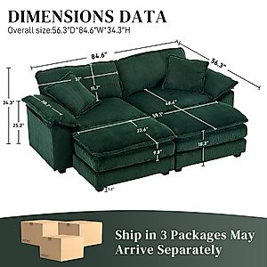 ONEMMLION 84.6" Modular Sectional Sofa Oversized Loveseat, Modern Upholstered Cloud Couch with 2 Ottoman, Comfy Corduroy Deep Seat Sleeper Sofa for Living Room, Small Space, Green