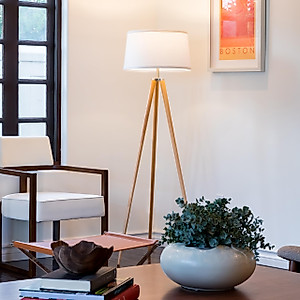 Brightech Emma LED Floor Lamp, Tall Lamp with Wood Legs, Mid-Century Modern Standing Lamp for Bedroom Reading, Tripod Lamp for Living Rooms & Offices, Great Living Room Décor