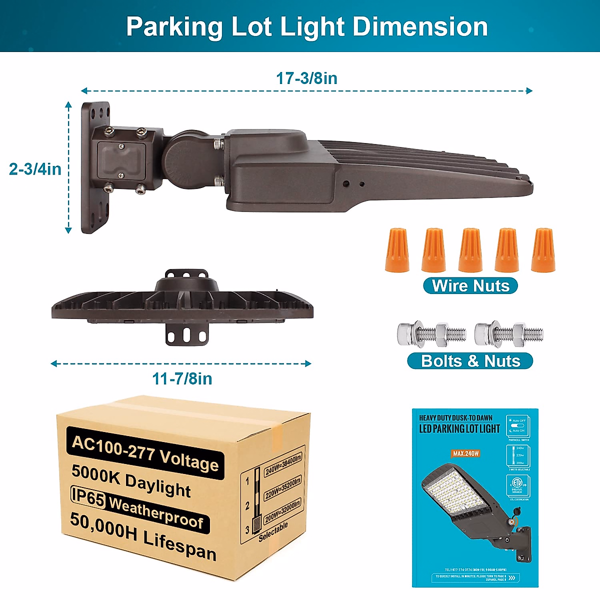 HiBay MAX. 240W LED Parking Lot Lighting with Dusk to Dawn Photocell, 38400LM (160LM/W), 5000K Street Flood Light, Outdoor Shoebox Lights with Adjustable Arm Mount for Roadway, ETL Listed