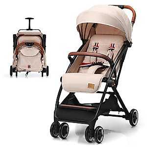 BABY JOY Lightweight Baby Stroller, Compact Toddler Travel Stroller for Airplane, Infant Stroller w/ 5-Point Harness, Adjustable Backrest/Footrest/Canopy, Storage Basket, Easy One-Hand Fold, Beige