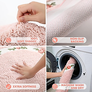 Pink Rose Rug Romantic Rose Flower Rug Shaggy Area Rugs Farmhouse Runner Rug Shaggy Floral Mat Modern Carpet Washable Floor Mats for Bedroom/Living Room/Bathroom/Laundry Room/Hallway