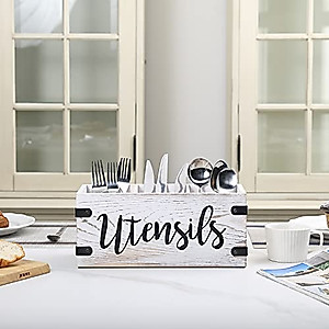 MyGift Whitewashed Solid Wood Flatware and Utensil Holder with Metal Corner Accents with 3 Compartments and Cursive UTENSILS Design