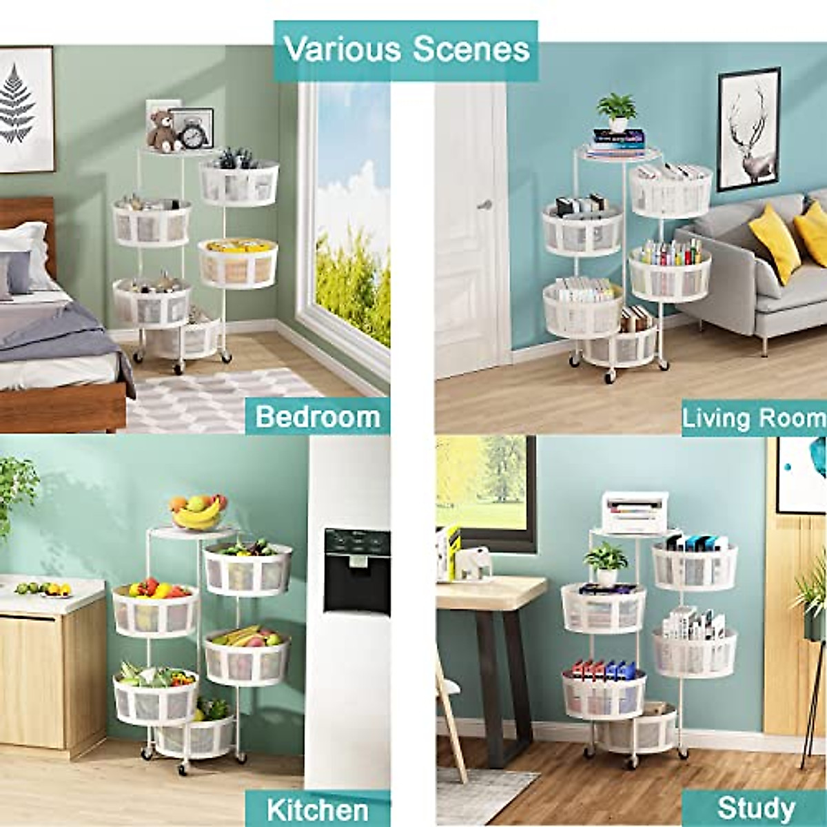 IKESOMUE Rack-Rotating Vegetable Rack Floor-Standing Rotating Basket Storage Shelf Stand Round Multi-Layer Kitchen Trolley 5 Tier Organizer with Wheels for Bathroom Living Room Bedroom (White) H1001