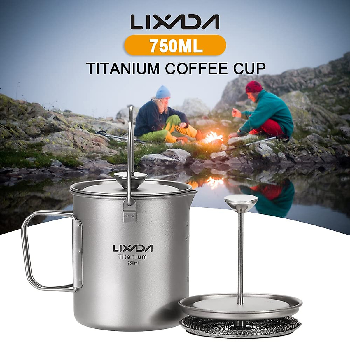 Lixada Titanium Pot 750ml Camping Titanium Coffee Cup Mug French Press Pot Coffee Maker Outdoor Camping Cooking Pot with Folding Titanium Spoon