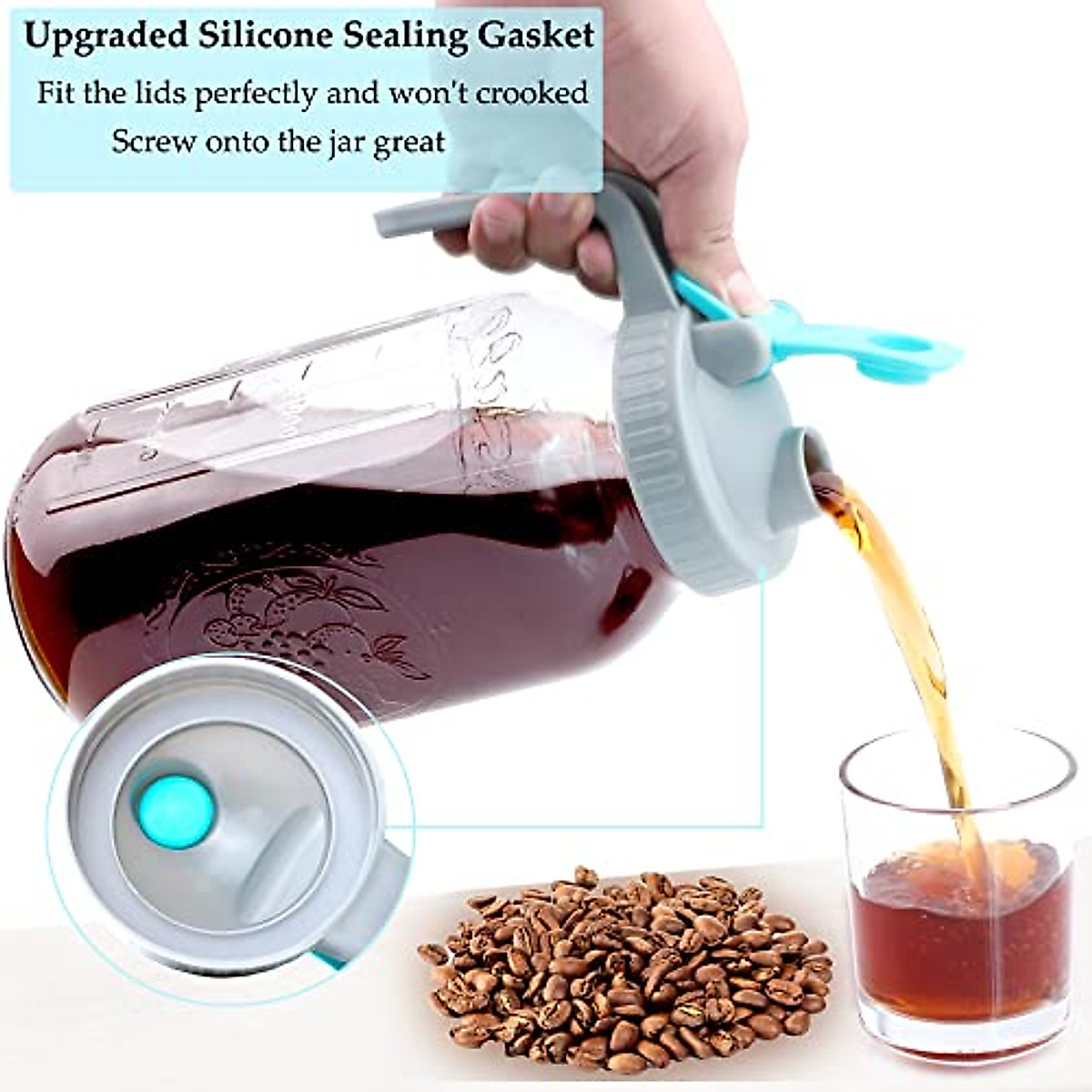 GMSWEET Mason Jar Cold Brew Coffee Maker 64 OZ (2 Quart) Wide Mouth Cold Brew Pitcher With Brew Filter For Coffee, Iced Tea, Sun Tea, Lemonade