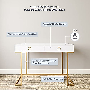 BELLEZE Modern 45 Inch Makeup Vanity Dressing Table or Home Office Computer Laptop Writing Desk with Two Storage Drawers, Wood Top, and Gold Metal Frame - Chelsea (White)