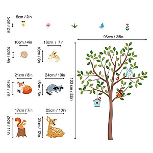 decalmile Forest Animals Tree Wall Decals Deer Fox Owl Wall Stickers Baby Nursery Kids Bedroom Playroom Wall Decor(Tree H: 56")
