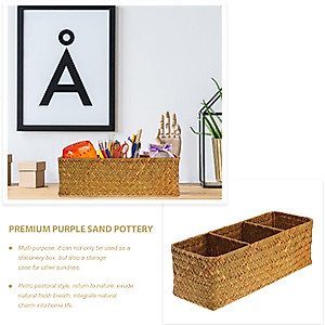 Seagrass Storage Basket 3 Divided Handmade Wicker Basket Organizer Tea Bag Sugar Packet Holder for Coffee Pods Snack Bathroom Paper Coffee