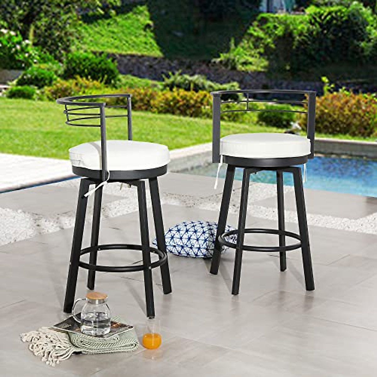 LOKATSE HOME 2 Pieces Outdoor Swivel Bar Stools Set Armless Bistro Furniture Patio Height Metal Chairs with Cushion