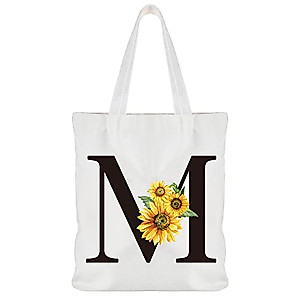Initial Canvas Tote Bag, Letter Tote Monogrammed Gift for Women Sunflower Personalized Shopping Bag Birthday Christmas Gift ( Letter M)