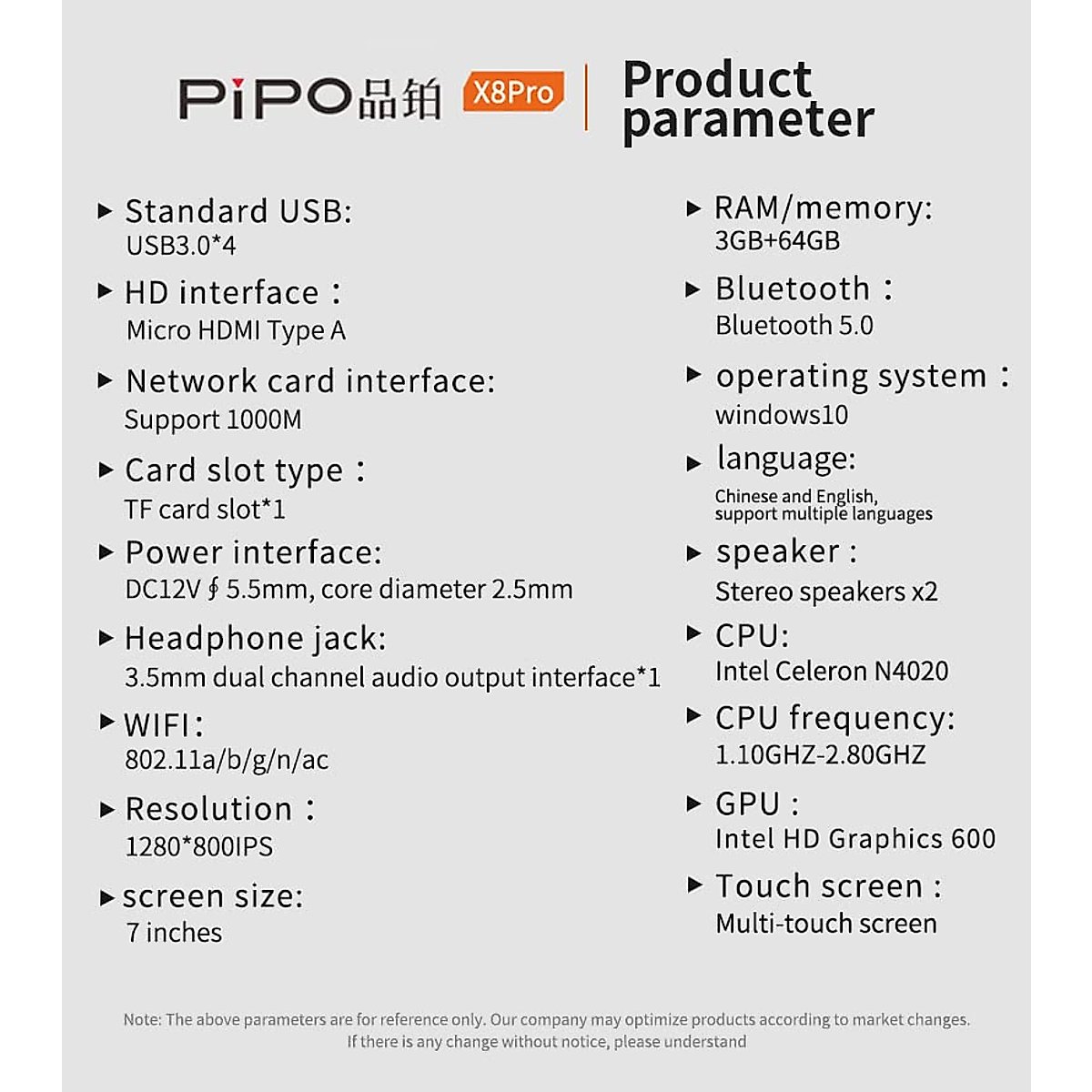 Pipo PiPO X8 PRO Mini PC Tablet Computer Windows 10 OS 64 Bits 3G RAM 64G ROM Dual Core Mini Computer N4020