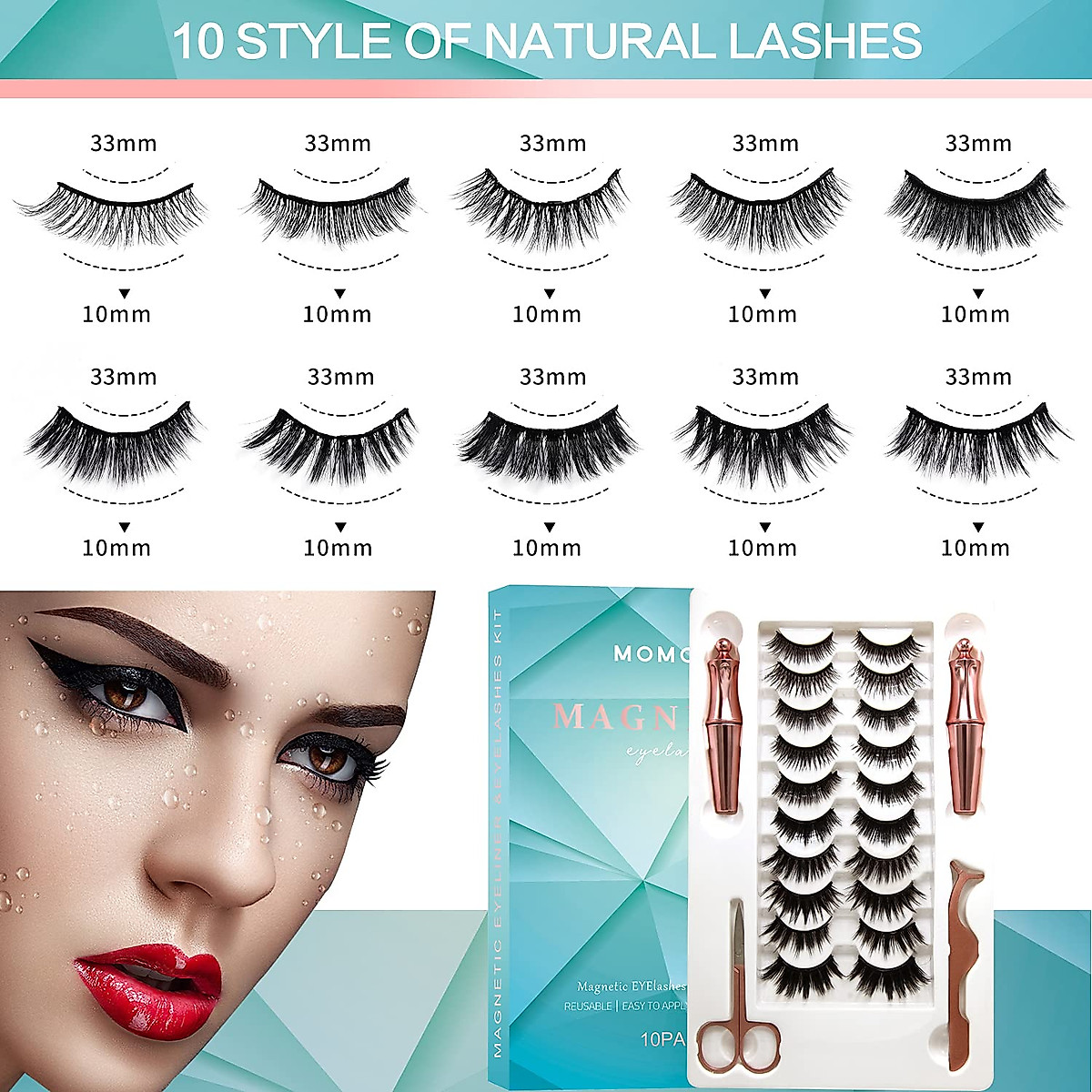 Magnetic Eyelashes with Eyeliner Kit, 10 Pairs Reusable Magnetic Lashes, Upgraded False Lashes Kit with Lash Tweezers Inside & Eyelash Scissors Navy blue