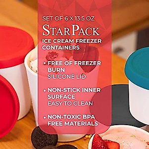 StarPack Ice Cream Containers for Homemade Ice Cream (6 Pcs) - Reusable Ice Cream Containers With Lids - No Leak & Frost Ice Cream Storage Containers For Freezer - 13.5oz per Ice Cream Container