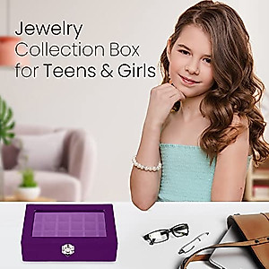 Hivory Velvet Earring Jewelry Box - 24 Grid Small Jewelry Earring Organizer Box with Snap Button - Earring Holder for Girls and Teen, Secure and Travel Friendly (Purple)