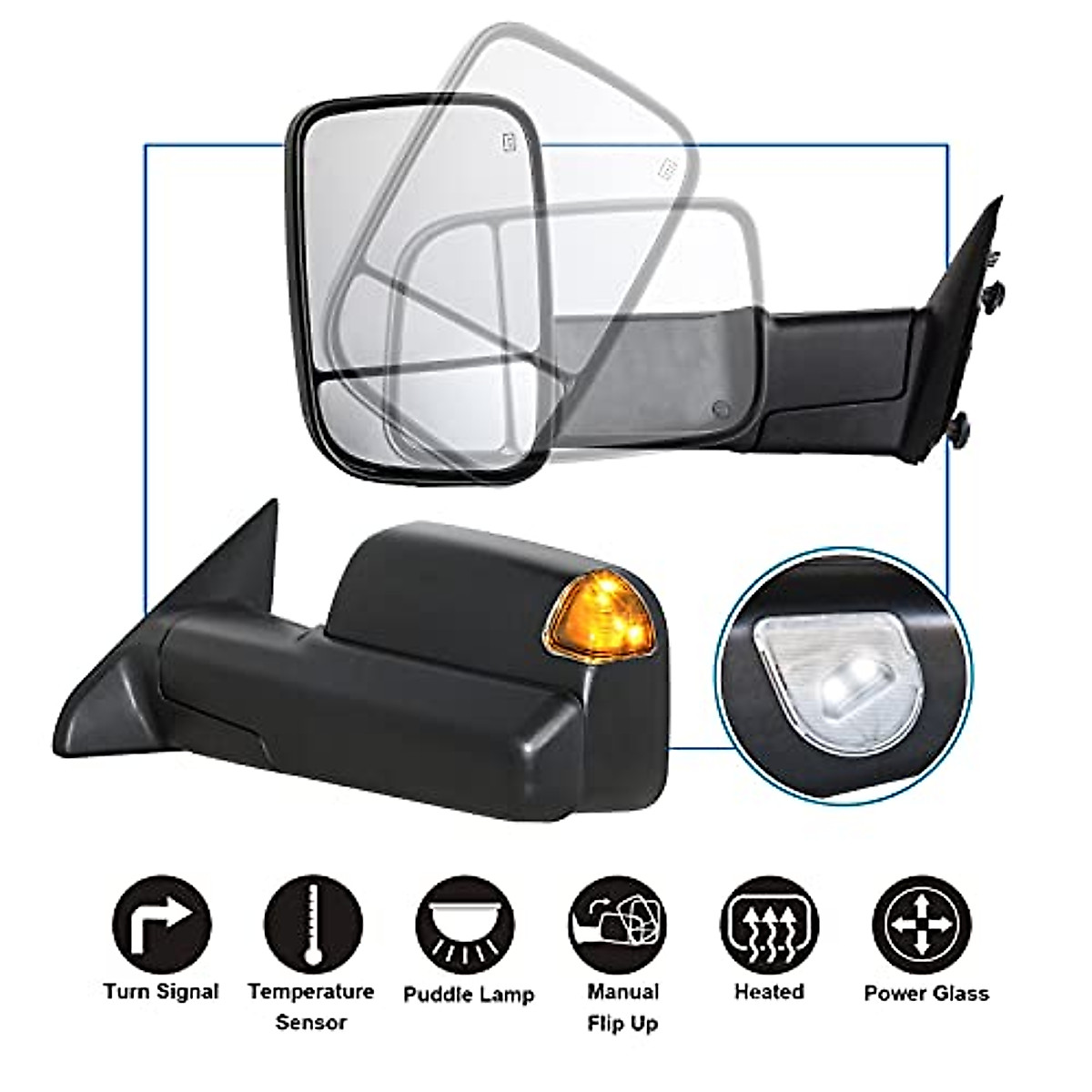 JZSUPER Towing Mirrors fit for 2010-2018 Ram 1500 Ram 2500 Ram 3500 2009 2010 Dodge Ram 1500 with Heated Power Puddle Lamp LED Turn Signal Lights Temperature Sensor Flip Up Pickup Truck