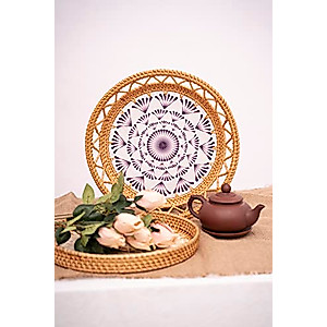 BemiaoCrafts 13" Round Boho Rattan Tray with Wooden Base, Decorative Tray, Rustic Style, Lacquer Serving Basket for Breakfast Food, Round Tray as Coffee Table Decor, Storage and Display
