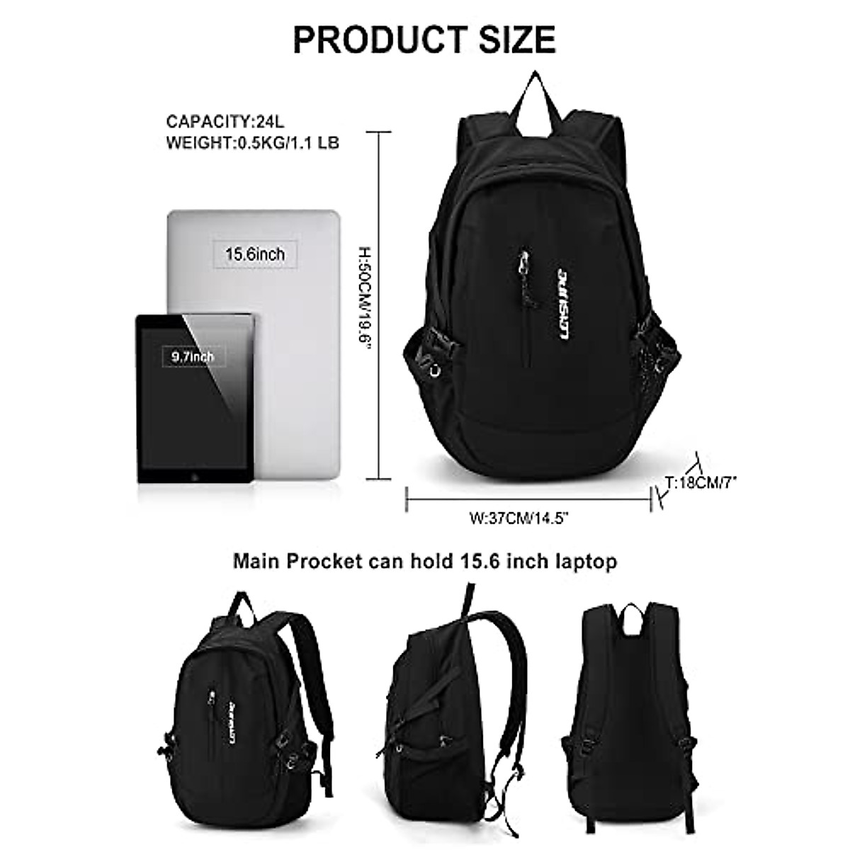 Black School Backpack for Teens Girls Boys, Middle High School Backpacks College Bookbag Laptop Backpacks for Women Men Water-Resistant Daypack Small Lightweight Waterproof Travel Hiking Backpack
