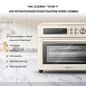 VAL CUCINA Retro Style Infrared Ultra-Quick Air Fryer Toaster Oven, Multifunctional 10-in-1 XL Countertop Convection Oven, 6-Slice Toast, 12-Inch Pizza, Enamel Baking Pan for Easy Cleaning, with Bake, Toast, Roast, Broil, Pizza, Reheat, Slow Cook, Dehydra