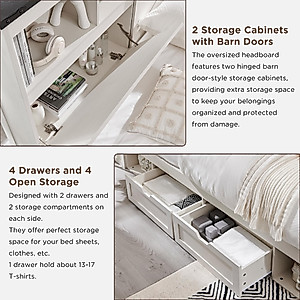 ACCOHOHO King Size Wood Bed Frame Farmhouse with 52" Tall Storage Bookcase Headboard, LED Light,Charging Station,4 Drawers and Solid Wood Slats Support,Noiseless,No Box Spring Needed- Luxury White