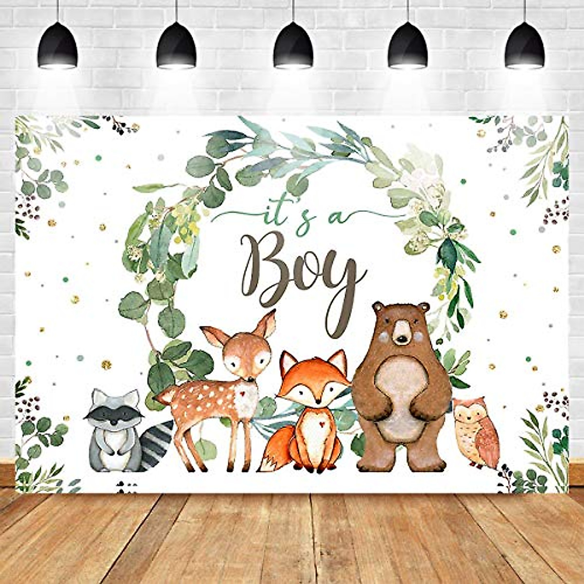 Mocsicka Woodland Baby Shower Backdrop It's a Boy Greenery Wreath Fox Bear Photo Backdrops Safari Jungle Animals Boy's Baby Shower Photography Background (7x5ft)