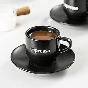 LYEOBOH Espresso Cups with Saucer Set, Porcelain Coffee Mugs Set and Metal Stand, 4 OZ Stackable Demitasse Cup for Latte, Cafe Mocha, Tea Cups, Set of 6, Silver