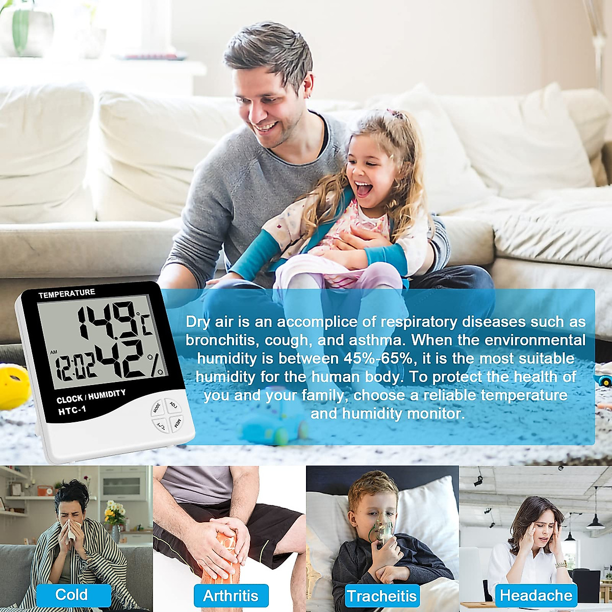 Digital Thermometer Hygrometer, Tuecota Temperature Humidity Monitor with Max/Min Record Function, Indoor Thermometer Humidity Gauge for Living Room, Warehouse, Baby Room, Office, Garden