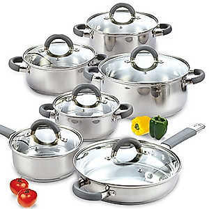 Cook N Home Stainless Cookware Sets Basic Pots and Pans, 12-Piece, Stainless Steel Grey Silicone Handle