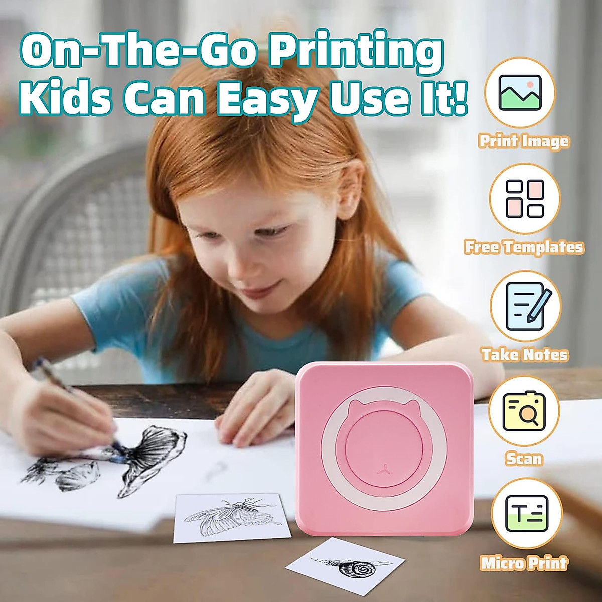 Fernuenx Portable Wireless Printer Mini Pocket Bluetooth Thermal Printers with 5 Rolls Printing Paper Compatible with Android iOS iPhone for Label Receipt Photo Notes and Memos (Pink)