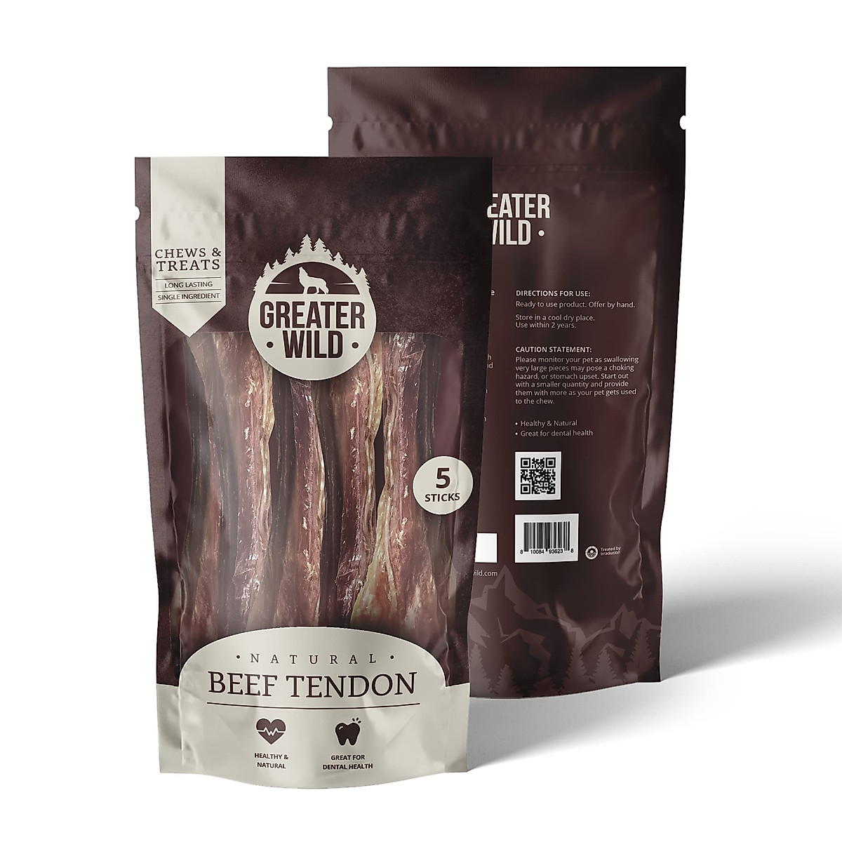 GREATER WILD All Natural Ingredient 9"-12" Assorted Beef Tendon Size, Chews & Treats for Dogs - 5 Piece