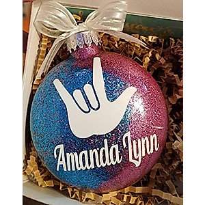 Personalized ASL Christmas Ornament - I love you sign American Sign Language for Deaf or Interpreter - Great gift for her or white elephant gift exchange