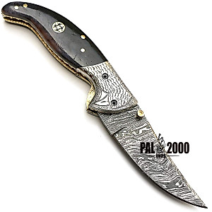 PAL 2000 HUNTING KNIVES FOL-9111 Handmade Damascus Steel Pocket Knife Stained Bone Handle With Sheath