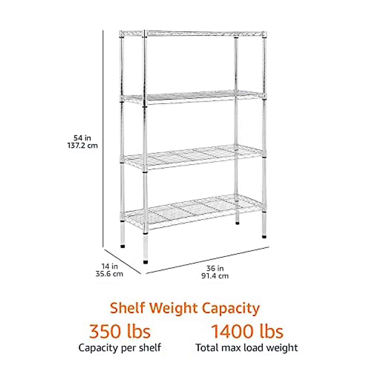 Amazon Basics 4-Shelf Adjustable, Heavy Duty Wide Storage Shelving Unit (350 lbs loading capacity per shelf), Steel Organizer Wire Rack, 36" L x 14" W x 54" H, Chrome Silver