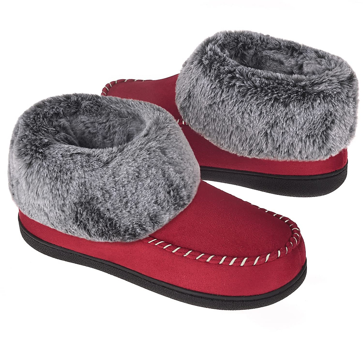 VONMAY Women's Bootie Slippers Suede Moccasin Boots Fuzzy Plush Faux Fur House Shoes Winter Warm Memory Foam Non-slip Indoor Outdoor, Red, Size 11