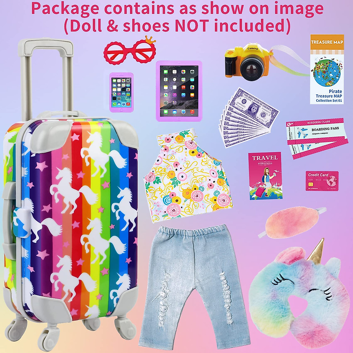 ZITA ELEMENT 24 Pcs 18 Inch Girl Doll Clothes and Accessories Travel Suitcase Set for 18 Inch Doll Accessories Unicorn Stuff