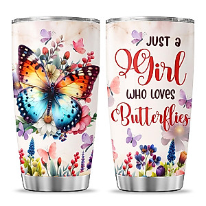 HUBUPU Floral Flower, Butterfly Gifts, Tumbler 20 Oz With Lid And Straw, Just A Girl Butterfly