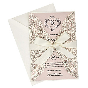 Picky Bride 25-Pack White Lace Laser Cut Wedding Invitations with Blush Pink Shimmer Insert, Elegant Invite Cards for Wedding/Sweet Sixteen/Baby Shower/Bridal Shower/Birthday Party