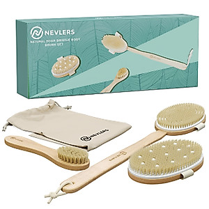 Nevlers Natural Boar Bristle Dry Body Brush Set | Detachable Massage Dry Brushing Body Brush | Long Wooden Handled Exfoliating Body Scrubber, Shower Brush for Body, Dry Brush Face Brush Exfoliator
