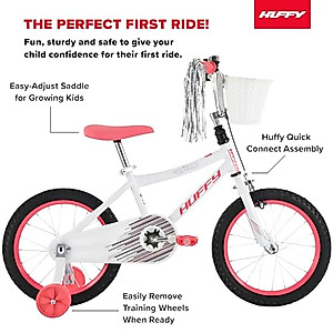 Huffy Zazzle 16" Kids Bike, Ideal for Ages 3 to 5 Years Old, Front Basket, Shimmering Streamers, Removable Training Wheels, Fun and Playful Design, Designed for Growth, Quick Connect Assembly, White