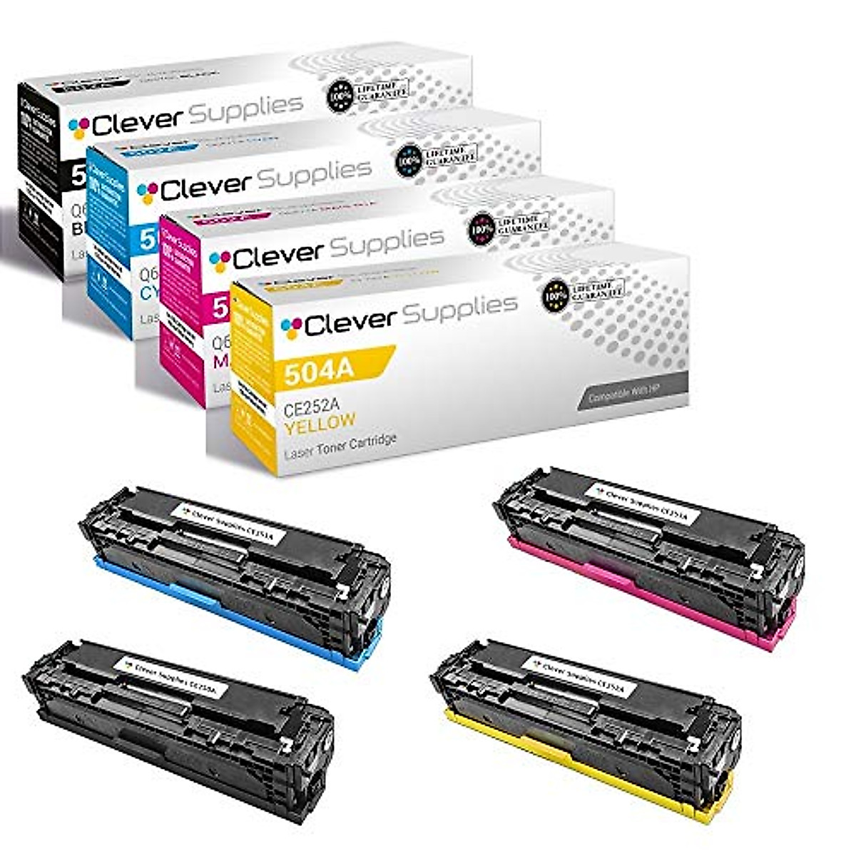 CS Compatible Toner Cartridge Replacement for HP CP3525n CE250A Black CE251A Cyan CE252A Yellow CE253A Magenta HP 504A COLOR LASERJET CM3530 CM3530FS CP3525DN CP3525X CP3520 CM3530FS MFP 4 Color Set