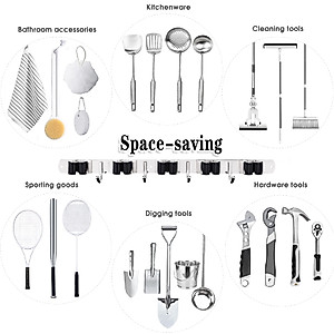 5 Racks and 4 Hooks Mop and Broom Holder Wall Mount, Broom Organizer Storage Tool Racks Stainless Steel Heavy Duty Hooks Self Adhesive Solid Non-slip for Home Kitchen Garden Laundry Garage