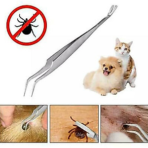 Calsgkspray Silver 2 in 1 Tick Removal Tool for Pets, Stainless Steel Professional Tick Tweezers Ticks Remover for Dogs Cats Tick Tweezers for Humans Pets, Hair Removal Mitts and Rollers