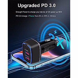 AILKIN 56W PD USB C Car Charger, Type-C Super Fast Power Charging Block 3-Port USB A & USBC Auto Cargador Carro Lighter Adapter for iPhone, iPad, Samsung Galaxy, LG, Google Pixel, Moto, USB-C&A Port