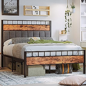 LIKIMIO Queen Bed Frame with 55 Inches upholstered high headboard, Sturdy and No Noise Platform Bed, No Box Spring Needed, Easy Assembly, Vintage Brown