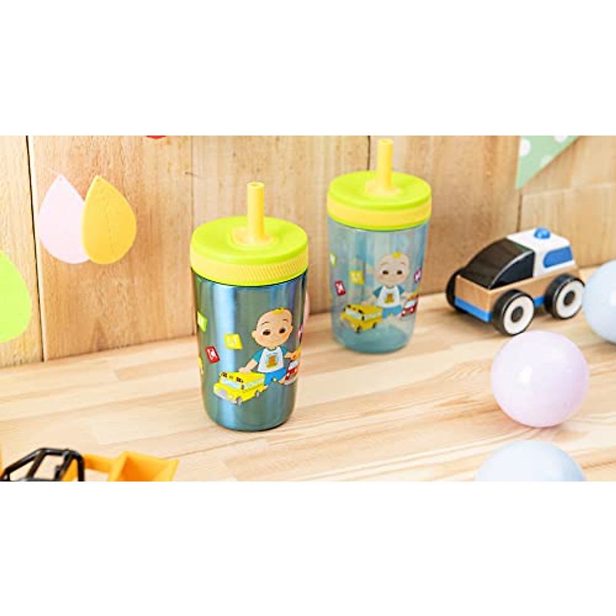 Zak Designs CoComelon Kelso Tumbler Set, Leak-Proof Screw-On Lid with Straw, Bundle for Kids Includes Plastic and Stainless Steel Cups with Bonus Sipper (3pc Set, Non-BPA), 15 fluid ounces
